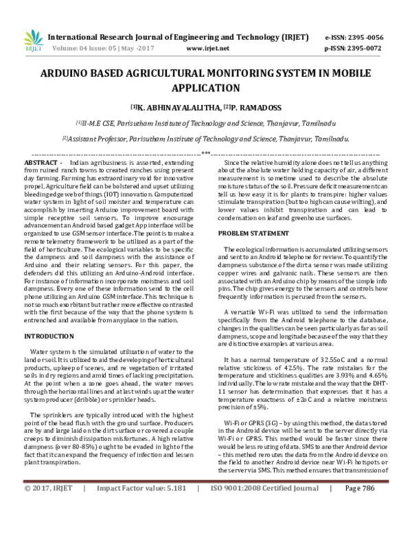 Pdf Arduino Based Agricultural Monitoring System In Mobile Application