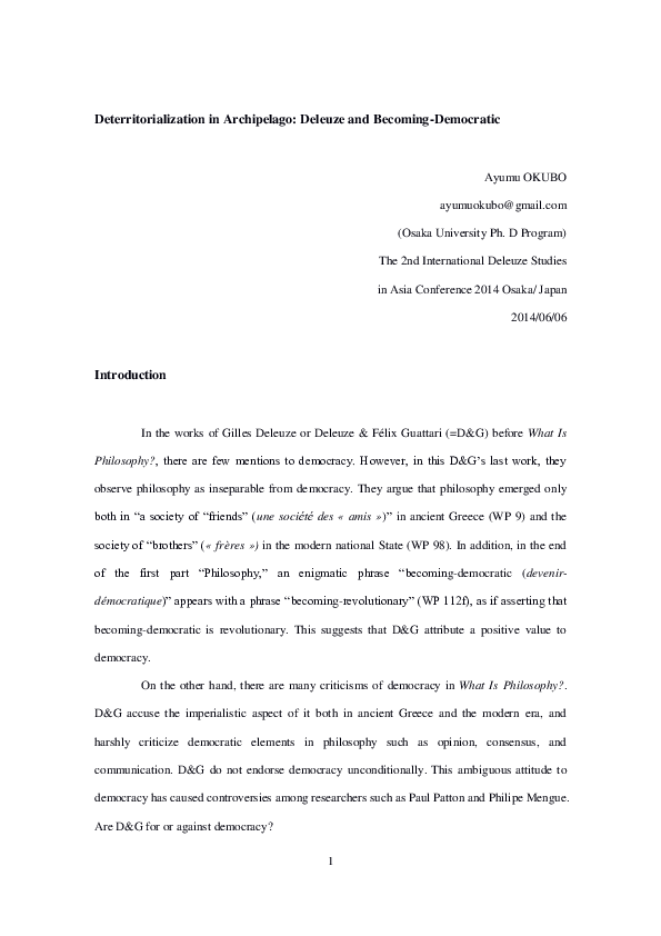 (PDF) Deterritorialization in Archipelago: Deleuze and Becoming-Democratic
