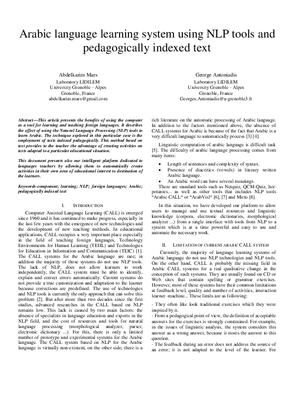 (PDF) Arabic language learning system using NLP tools and pedagogically ...