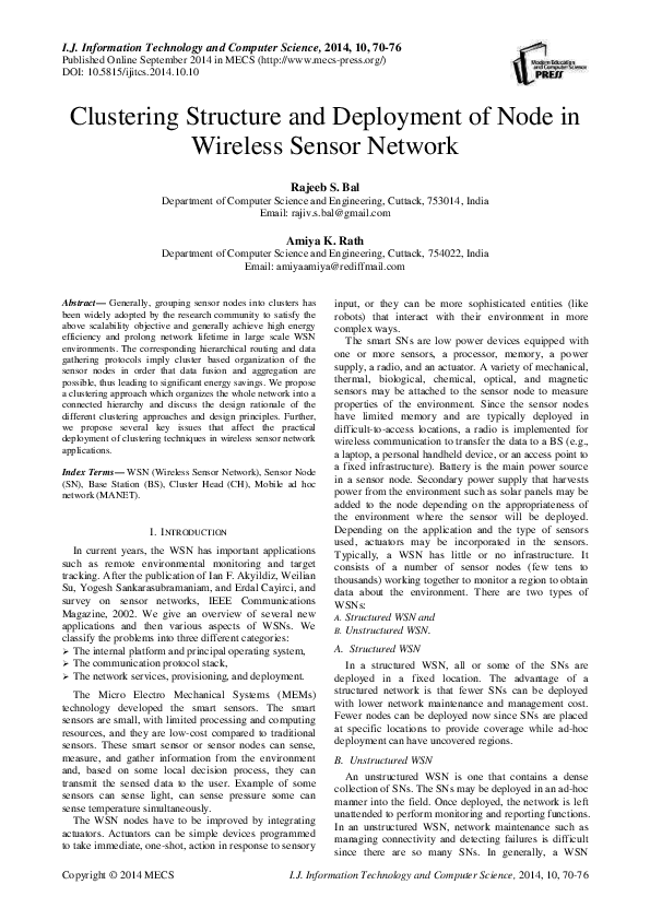 (PDF) Clustering Structure and Deployment of Node in Wireless Sensor Network