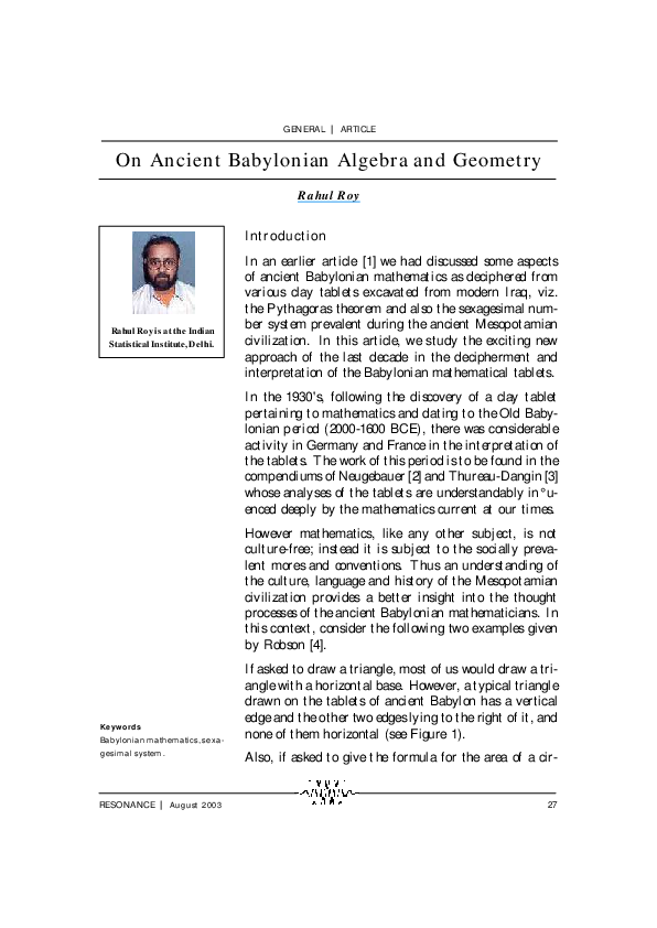 (PDF) On ancient babylonian algebra and geometry