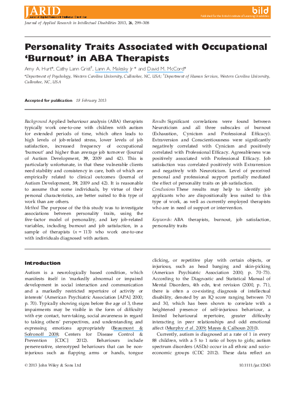 (PDF) Personality Traits Associated with Occupational ‘Burnout’ in ABA ...