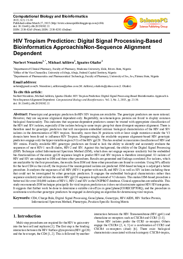 (PDF) HIV Tropism Prediction: Digital Signal Processing-Based ...
