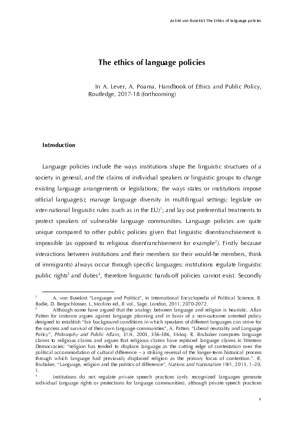 (PDF) Astrid von Busekist The Ethics of language policies
