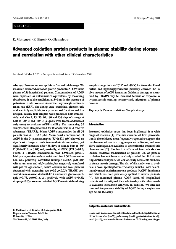 (PDF) Advanced oxidation protein products in plasma: stability during ...