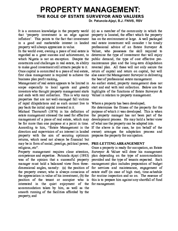 (DOC) THE ROLE OF ESTATE SURVEYOR AND VALUERS