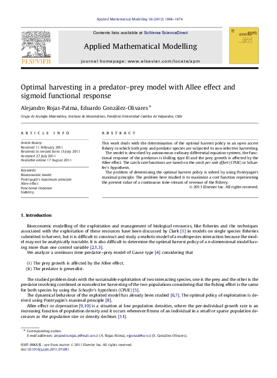 Pdf Optimal Harvesting In A Predatorprey Model With Allee Effect And Sigmoid Functional Response