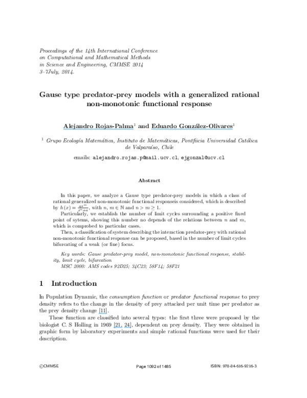 Pdf Gause Type Predator Prey Model With A Generalized Rational Non Monotonic Functional Response