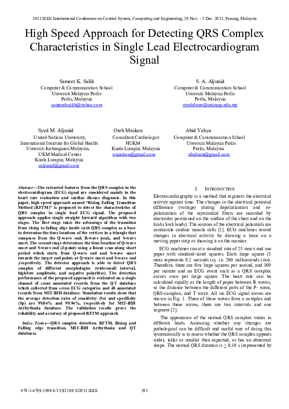 Pdf High Speed Approach For Detecting Qrs Complex Characteristics In Single Lead