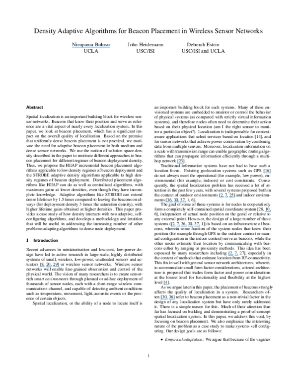 Pdf Density Adaptive Algorithms For Beacon Placement In Wireless