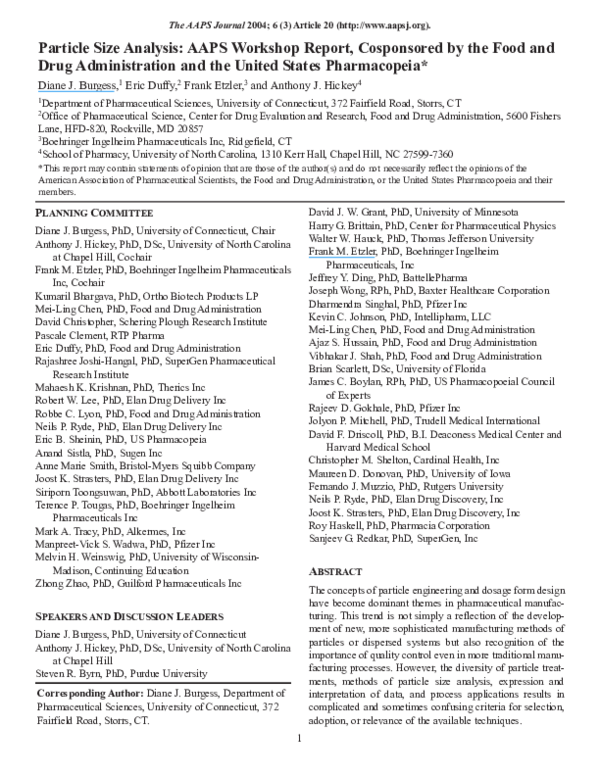 (PDF) Particle size analysis: AAPS workshop report, cosponsored by the ...