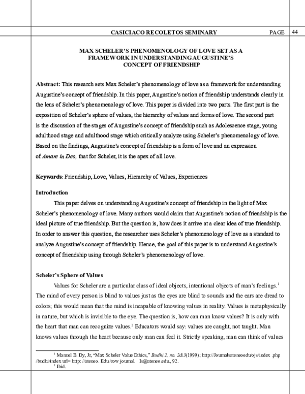 (DOC) MAX SCHELER'S PHENOMENOLOGY OF LOVE SET AS A FRAMEWORK IN ...