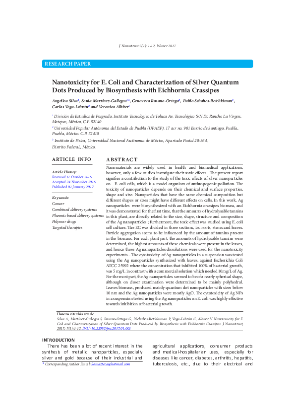 (PDF) Nanotoxicity for E. Coli and Characterization of Silver Quantum ...