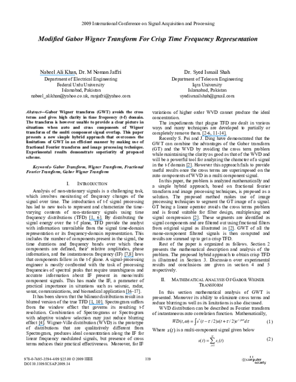 Pdf Modified Gabor Wigner Transform For Crisp Time Frequency Representation