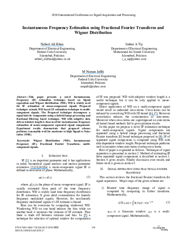 Pdf Instantaneous Frequency Estimation Using Fractional Fourier Transform And Wigner Distribution