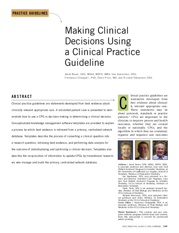 (PDF) Making clinical decisions using a clinical practice guideline