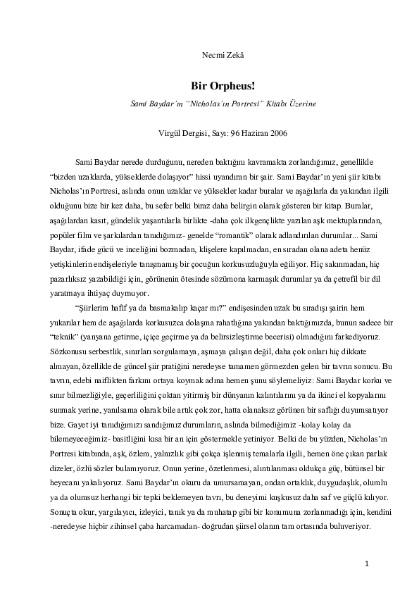 (PDF) Sami Baydar’ın “Nicholas’ın Portresi” Kitabı Üzerine