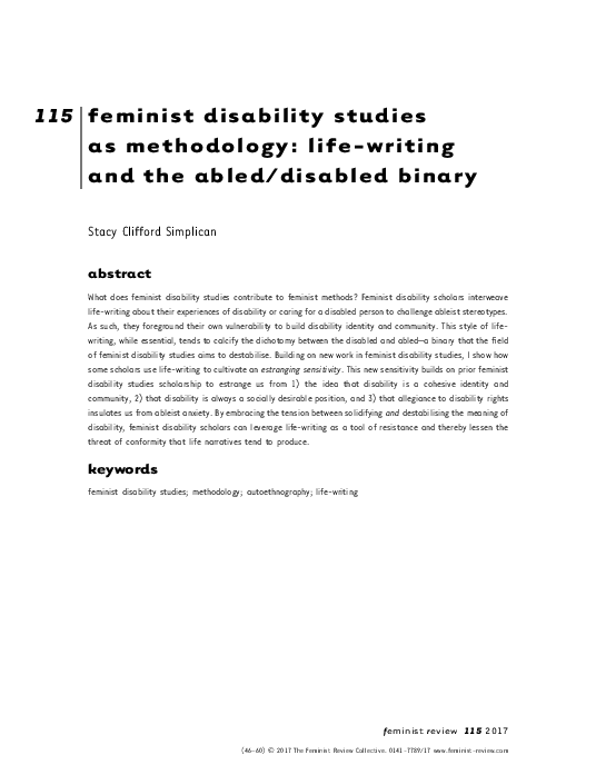 (PDF) feminist disability studies as methodology: life-writing and the abled/disabled binary