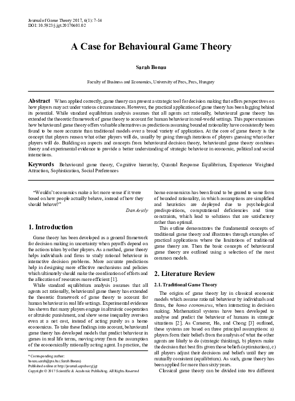 (PDF) A Case for Behavioural Game Theory
