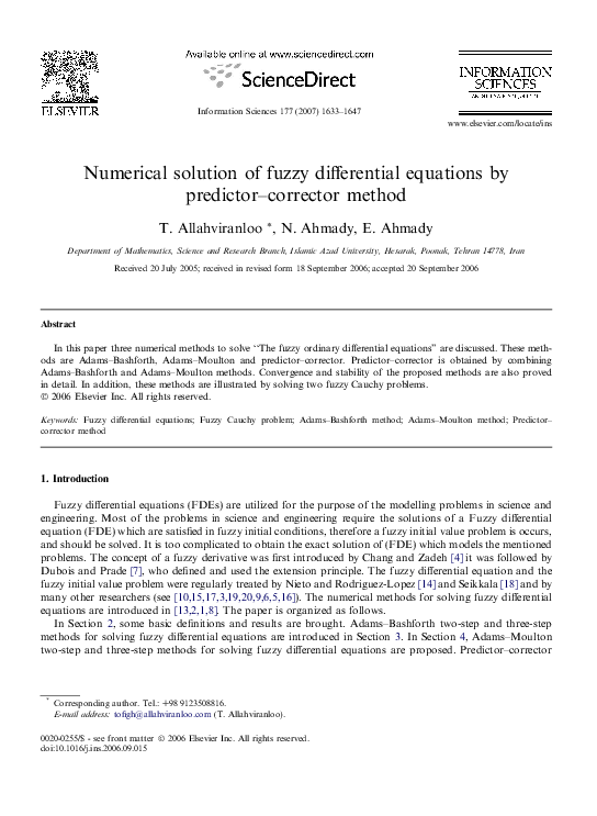 Pdf Numerical Solution Of Fuzzy Differential Equations By Predictor Corrector Method