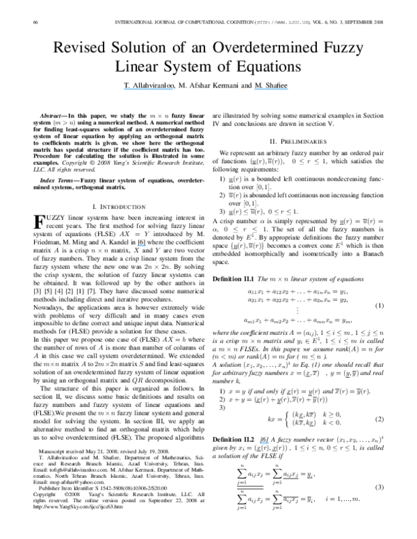Pdf Revised Solution Of An Overdetermined Fuzzy Linear System Of Equations 