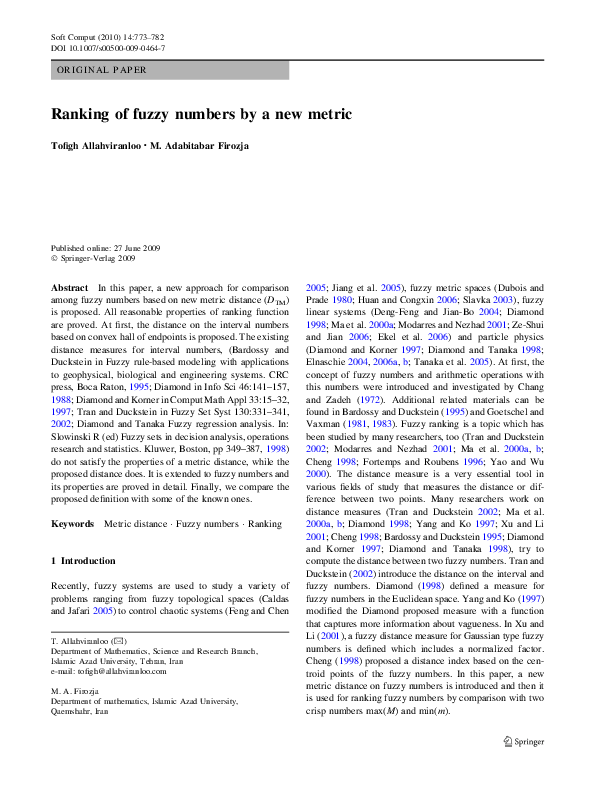 (PDF) Ranking of fuzzy numbers by a new metric