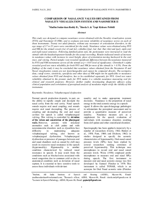 (PDF) COMPARISON OF NASALANCE VALUES OBTAINED FROM NASALITY ...