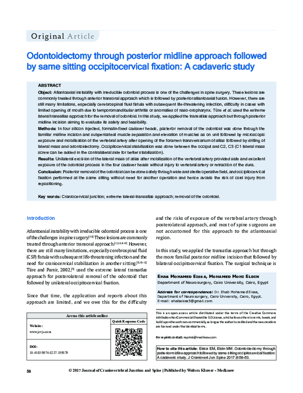 (PDF) Odontoidectomy through posterior midline approach followed by ...