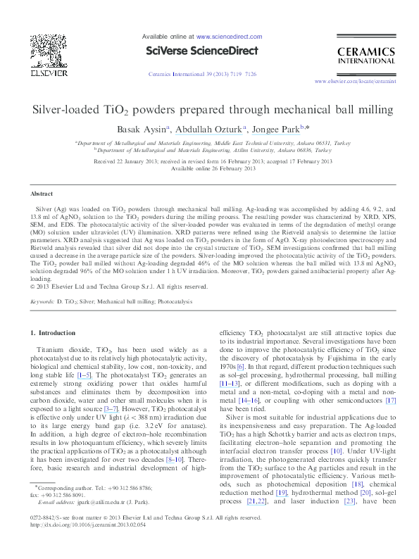 (PDF) Silver-loaded TiO2 powders prepared through mechanical ball milling