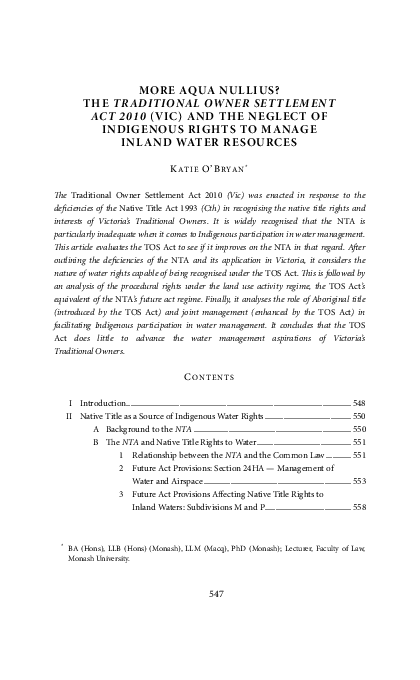 (PDF) MORE AQUA NULLIUS? THE TR ADITIONAL OWNER SETTLEMENT ACT 2010 ...