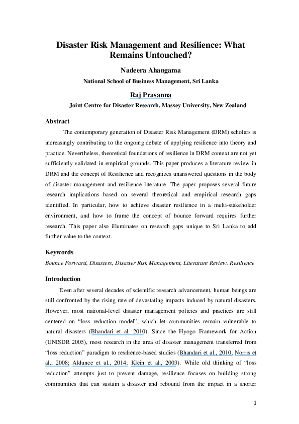 (PDF) Disaster Risk Management and Resilience: What Remains Untouched