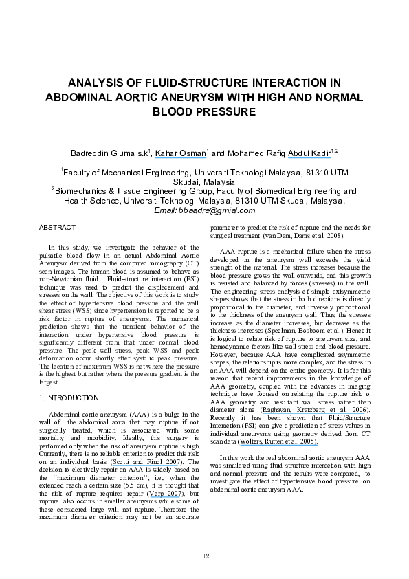 Pdf Analysis Of Fluid Structure Interaction In Abdominal Aortic Aneurysm With High And Normal