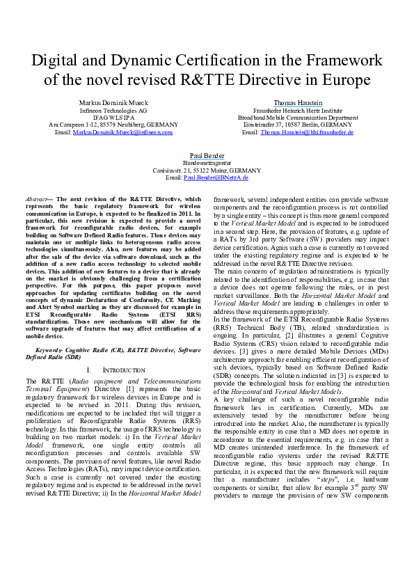(PDF) Digital and dynamic certification in the framework of the novel revised R&TTE Directive in ...