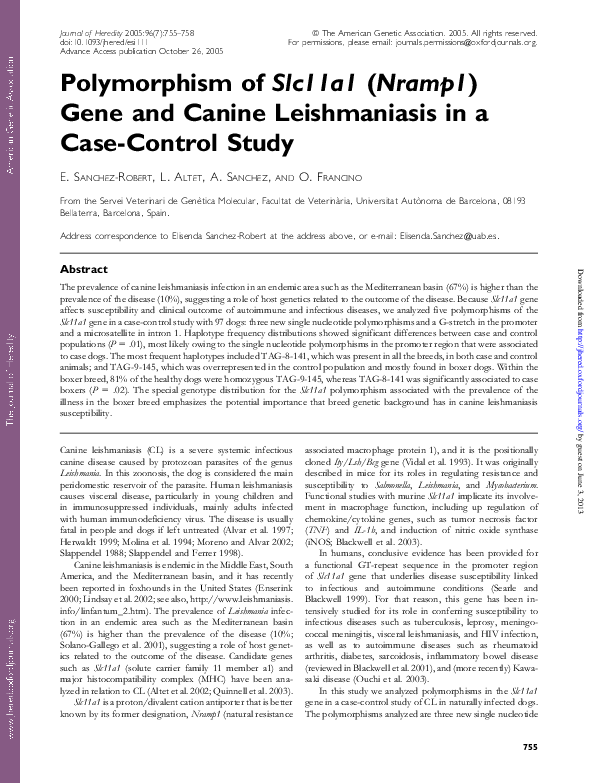 (PDF) Polymorphism of Slc11a1 (Nramp1) Gene and Canine Leishmaniasis in ...
