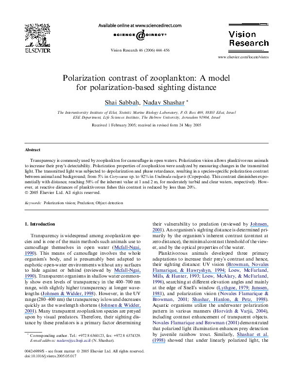 (PDF) Polarization contrast of zooplankton: A model for polarization-based sighting distance ...