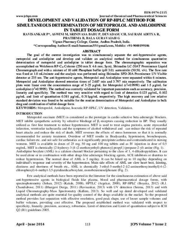 (PDF) DEVELOPMENT AND VALIDATION OF RP-HPLC METHOD FOR SIMULTANEOUS DETERMINATION OF METOPROLOL ...
