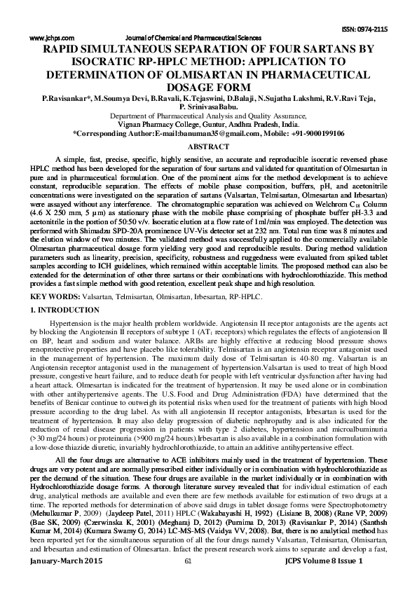 (PDF) RAPID SIMULTANEOUS SEPARATION OF FOUR SARTANS BY ISOCRATIC RP ... (PDF) RAPID SIMULTANEOUS SEPARATION OF FOUR SARTANS BY ISOCRATIC RP ...