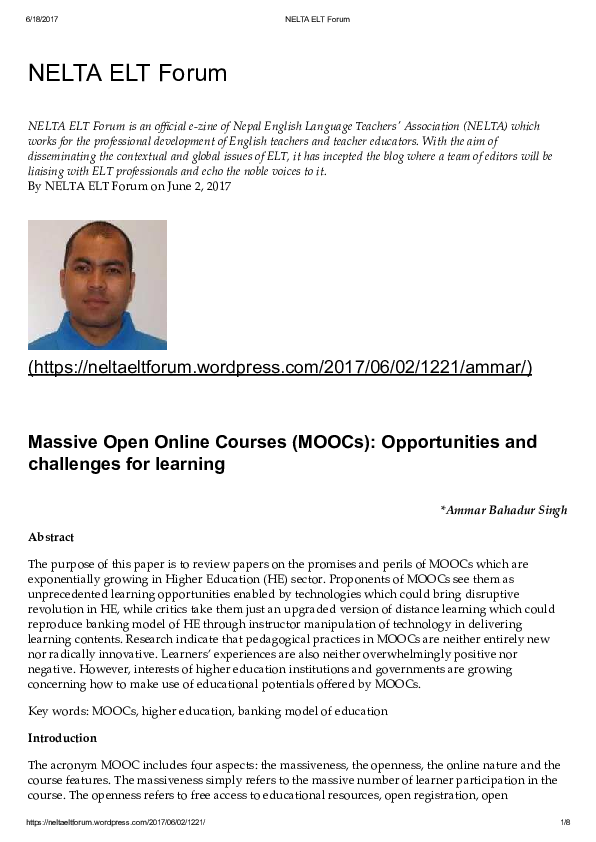 (PDF) Massive Open Online Courses (MOOCs): Opportunities and Challenges ...