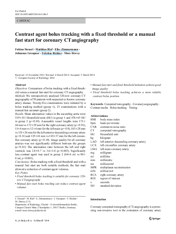 (PDF) Contrast agent bolus tracking with a fixed threshold or a manual ...