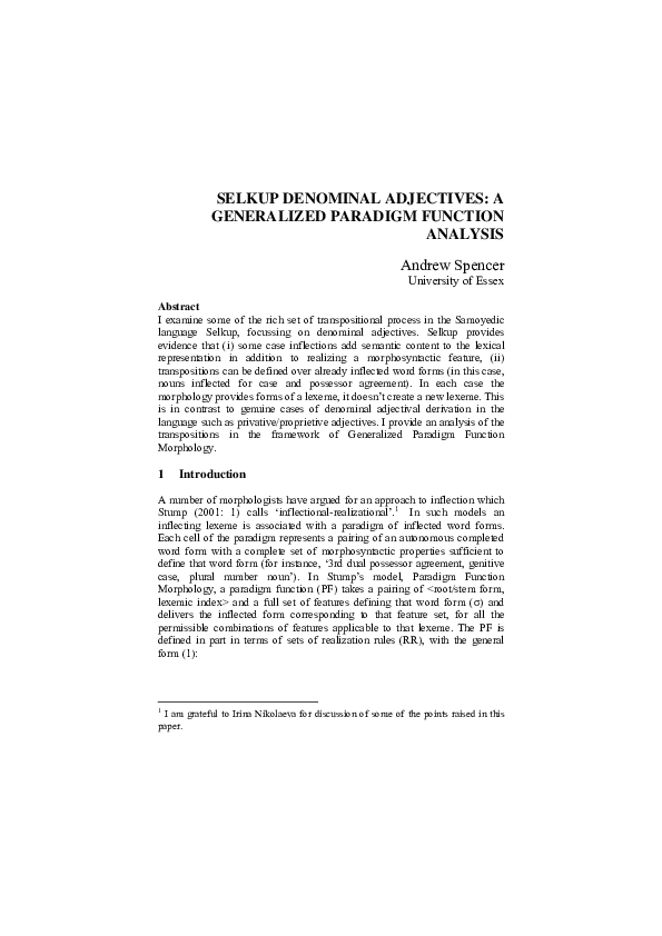 (PDF) Selkup denominal adjectives: a Generalized Paradigm Function analysis