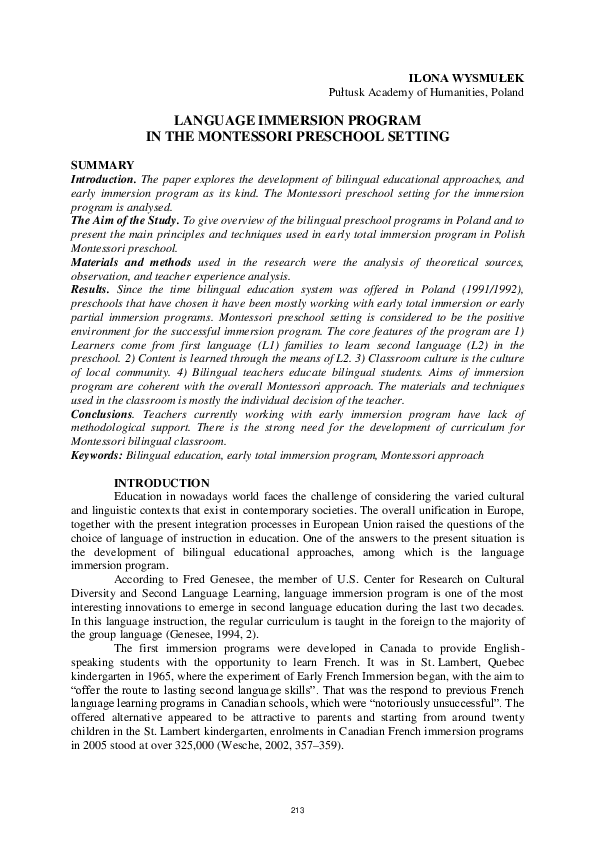 (PDF) LANGUAGE IMMERSION PROGRAM IN THE MONTESSORI PRESCHOOL SETTING