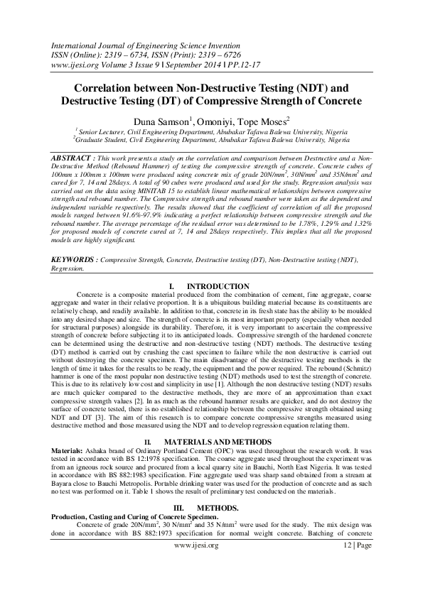 Pdf Correlation Between Non Destructive Testing Ndt And Destructive Testing Dt Of