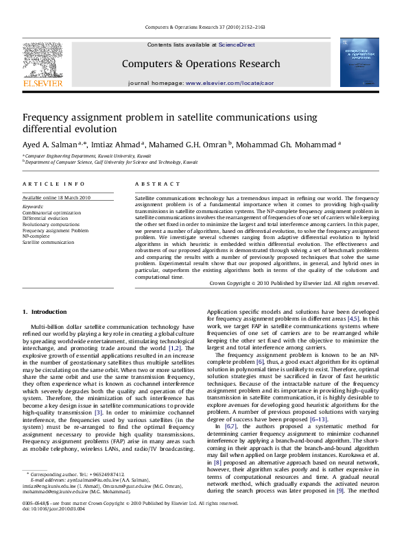 Pdf Frequency Assignment Problem In Satellite Communications Using Differential Evolution