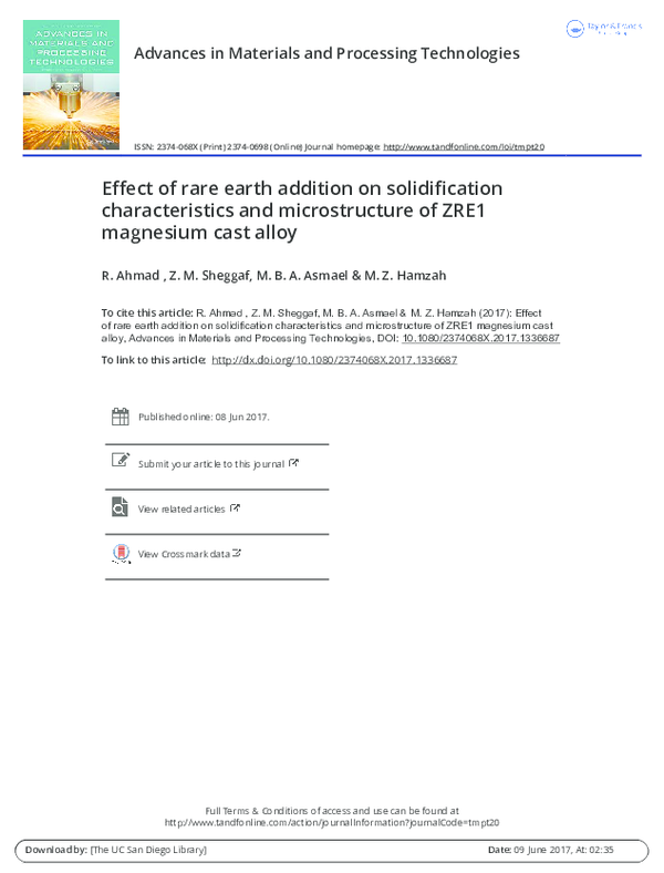 (PDF) Effect of rare earth addition on solidification characteristics and microstructure of ZRE1 ...