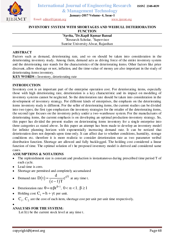 Pdf Inventory System With Shortages And Weibull Deterioration Function