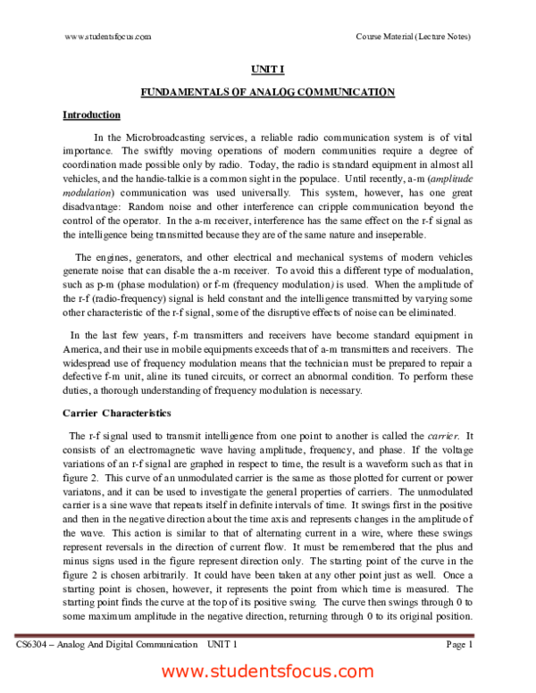 Pdf Unit I Fundamentals Of Analog Communication