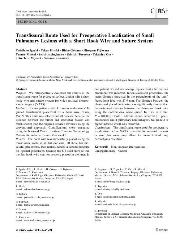 Pdf Preoperative Short Hookwire Placement For Small Pulmonary Lesions Evaluation Of Technical
