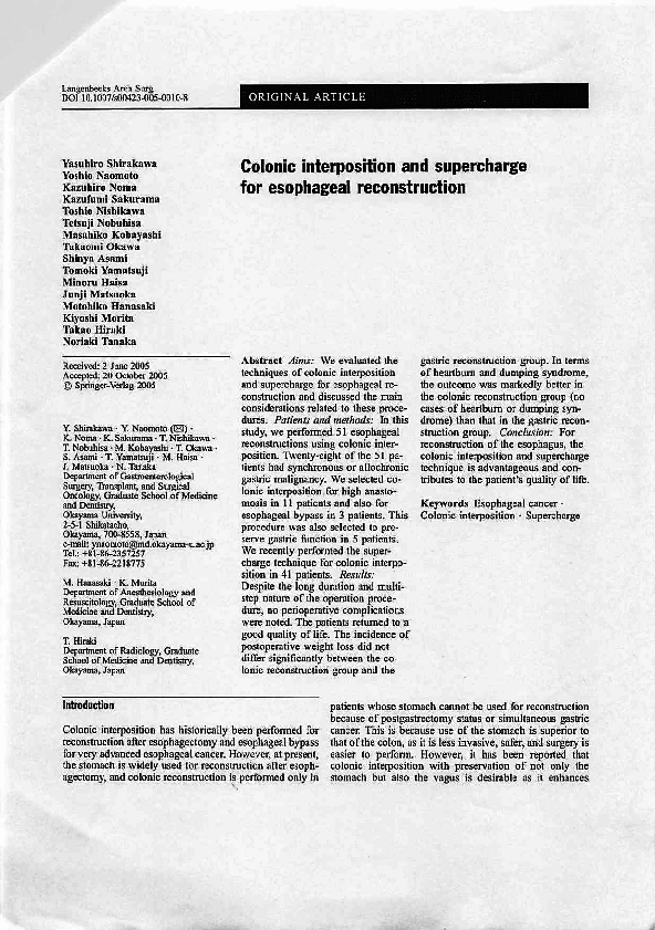 (PDF) Colonic interposition and supercharge for esophageal reconstruction