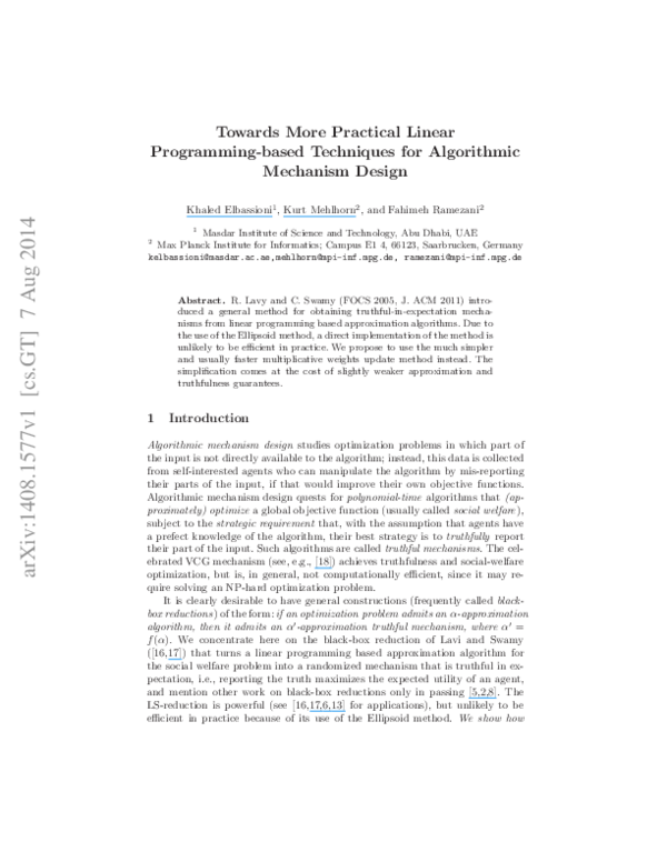 (PDF) Towards More Practical Linear Programming-Based Techniques for Algorithmic Mechanism ...