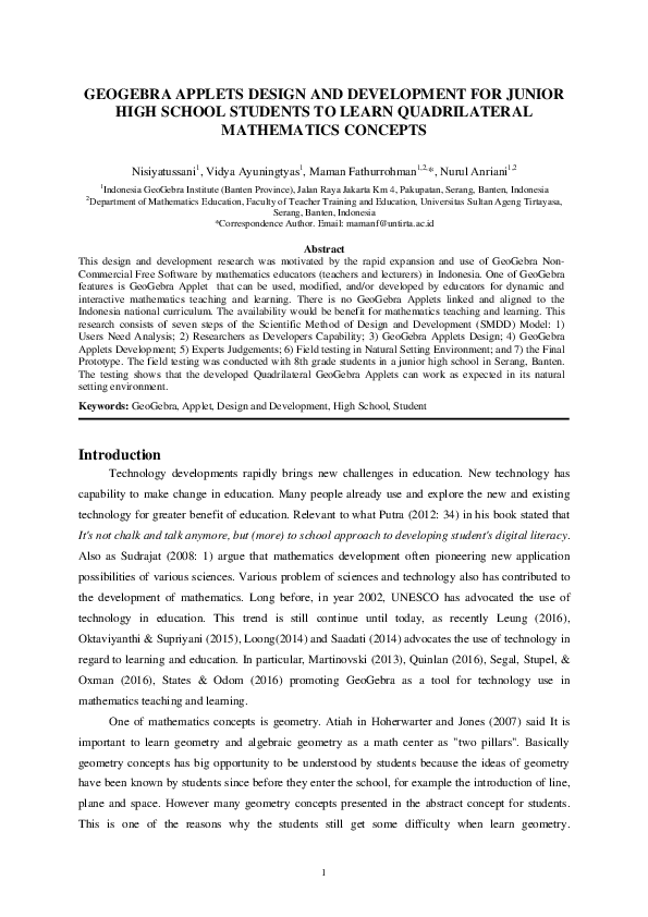 (PDF) GEOGEBRA APPLETS DESIGN AND DEVELOPMENT FOR JUNIOR HIGH SCHOOL STUDENTS TO LEARN ...